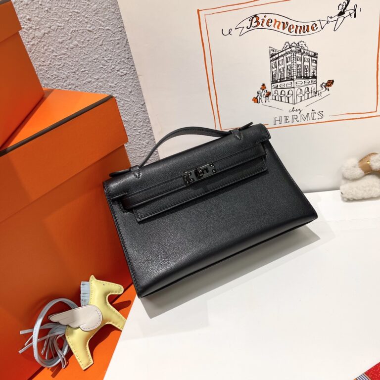 Hermes Kelly Pochette Swift, Epsom, Ostrich, Crocodile Leather In Black ...
